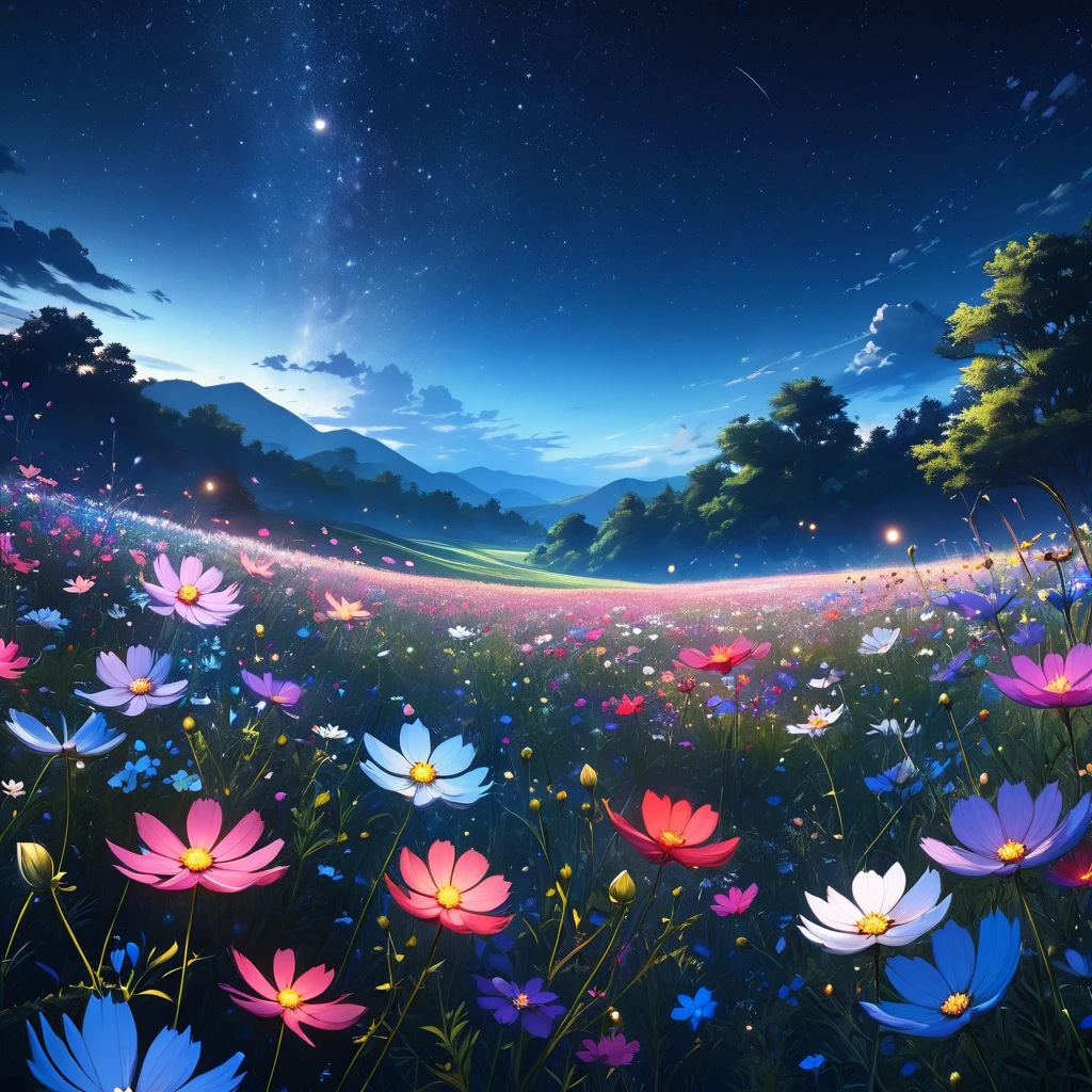 Landscape, At night, Only the moonlight shines,Beautiful cosmos fields ...