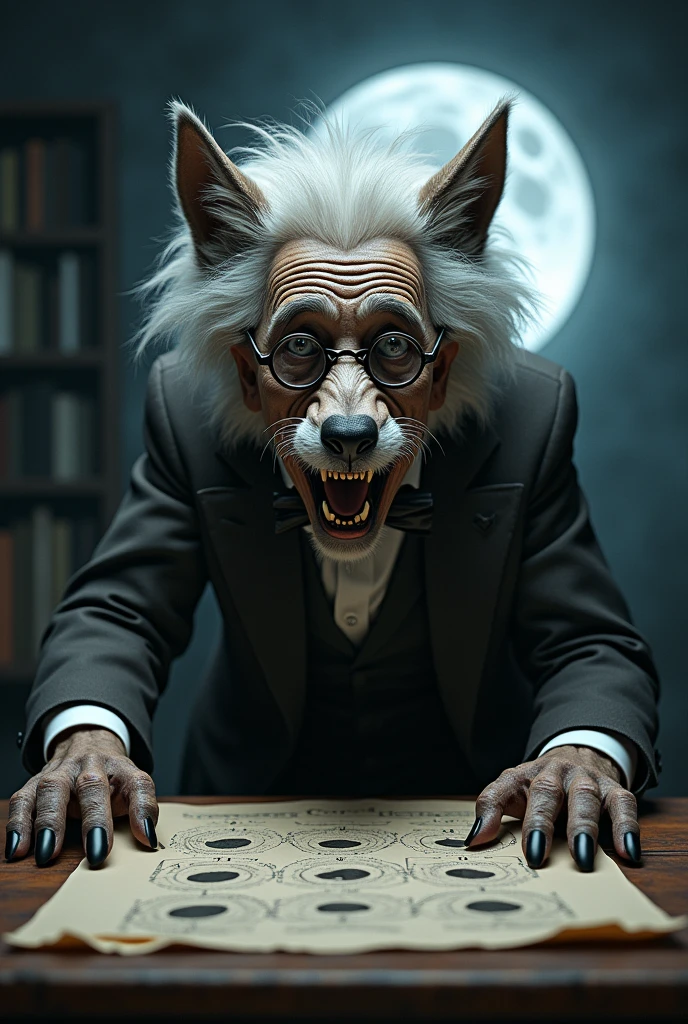 Einstein dressed as a werewolf but wearing glasses, carefully ...