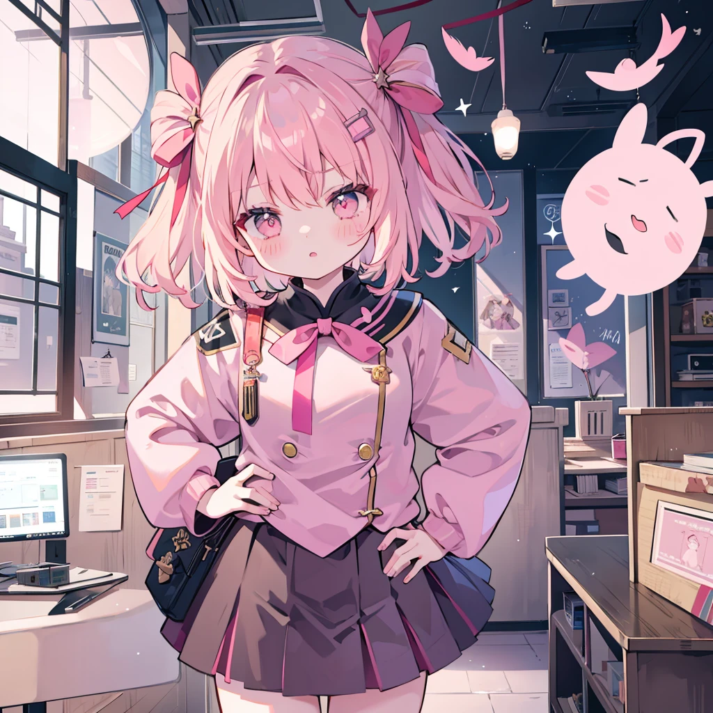 Chibi、Pink military uniform、skirt by the、bow ribbon、Straight face ...
