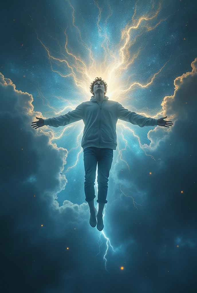 Young 22 year boy floating in space with starts and galaxys and he ...