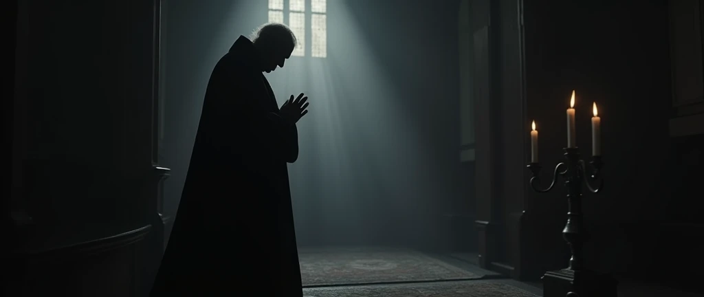 A dark and sad room with a black silhouette of a praying church father ...
