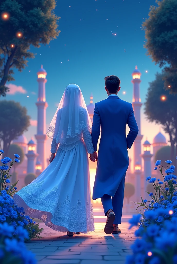 Create a image of muslim bride and groom with blue groom dress - SeaArt AI