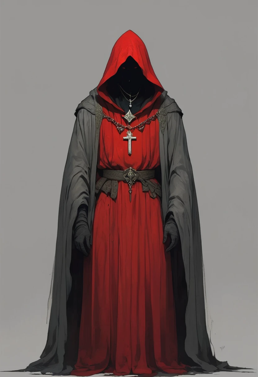 A medieval fantasy drawing of a faceless, hooded figure in a red robe ...