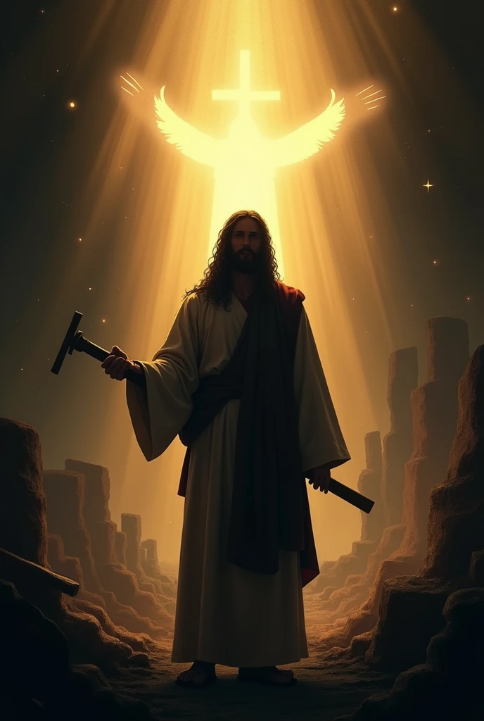 Only the Silhouette of Jesus Christ as a carpenter, with God and the ...