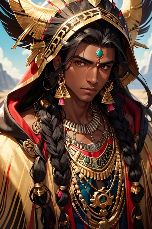 A young male, aztec clothes, hood, muscle, earrings, upper body - SeaArt AI