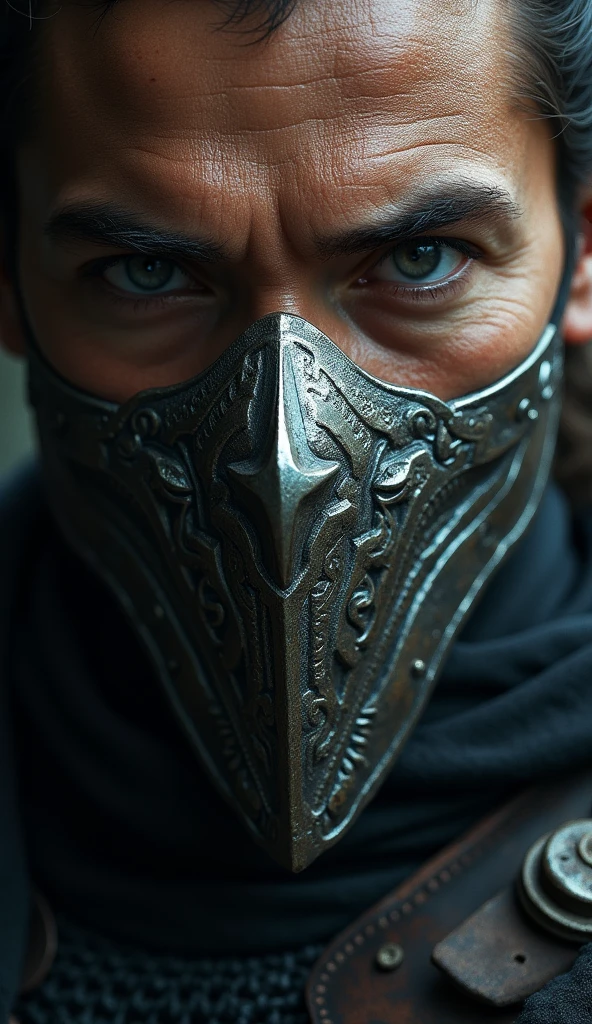 Detailed close-up of a warrior's face covered by a beautifully crafted ...