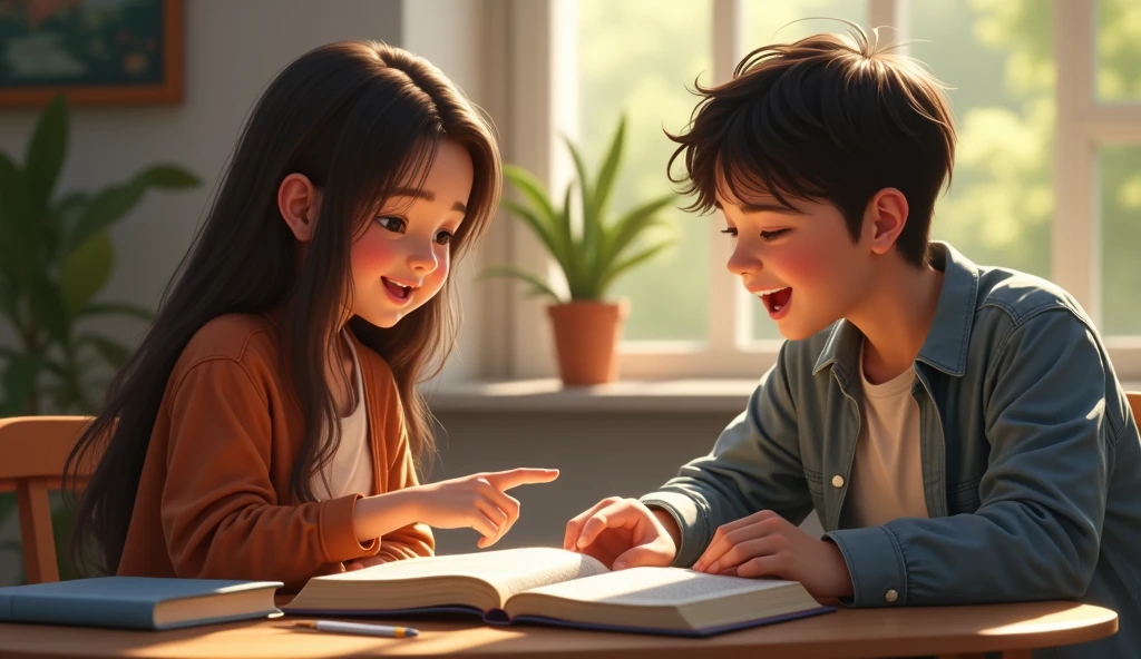 2 people talking, and one of them points to a part of the book - SeaArt AI