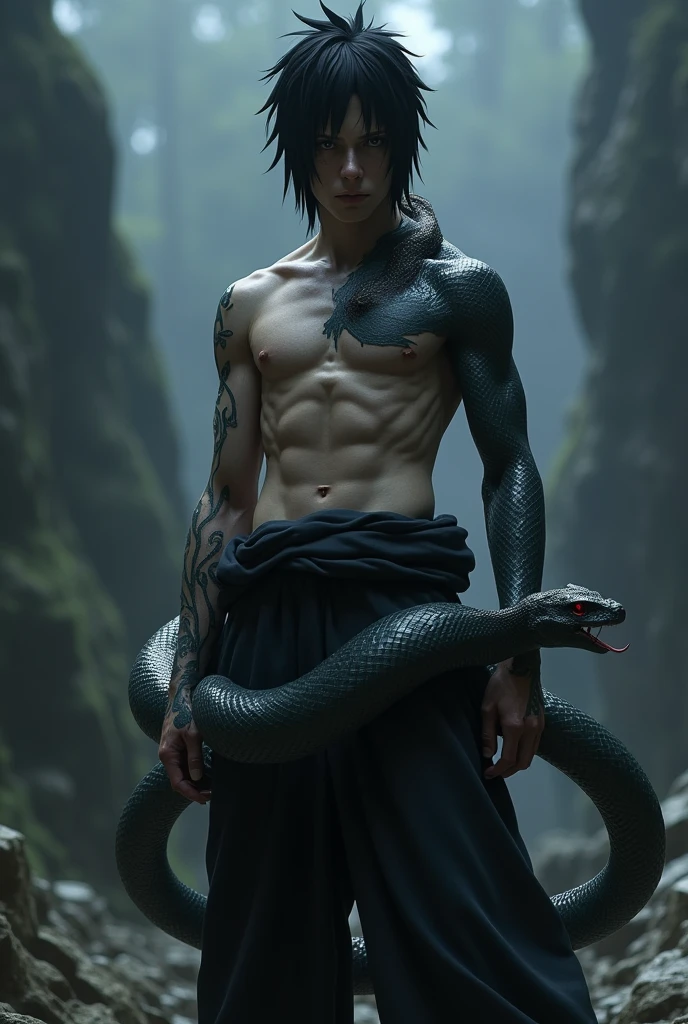 I want a realistic Sasuke Uchiha with some snake aspects - SeaArt AI