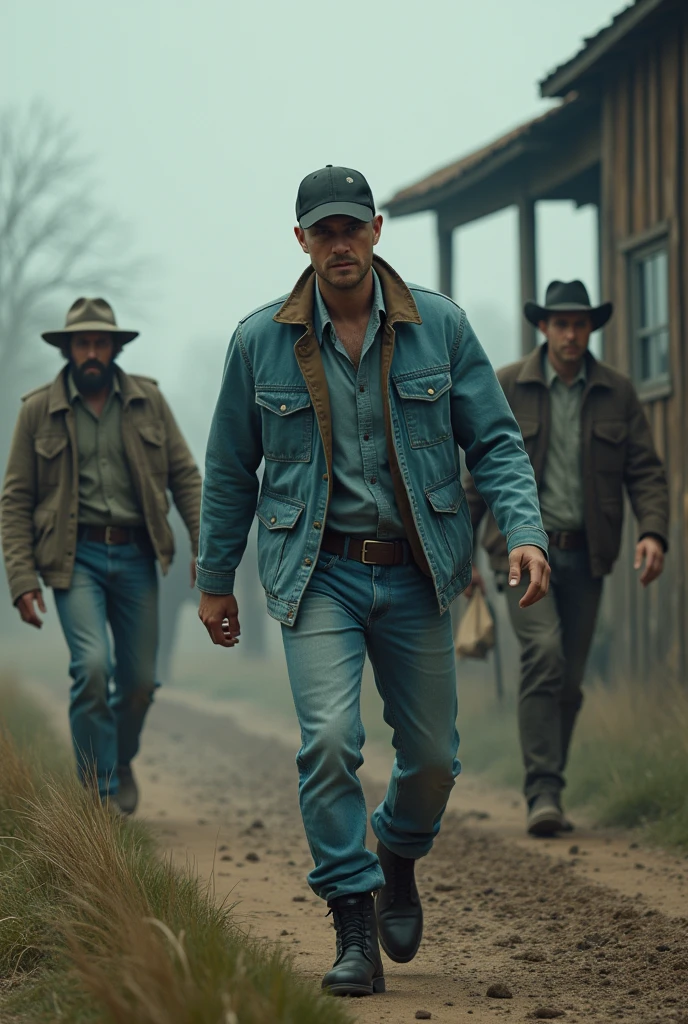 A man in a light blue canvas jacket, light blue canvas pants - SeaArt AI