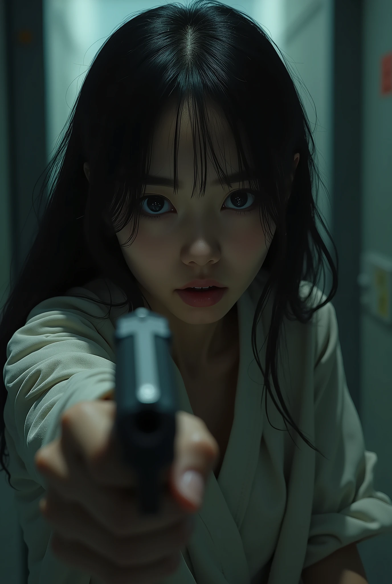 Arafed asian woman pointing a gun at the camera - SeaArt AI