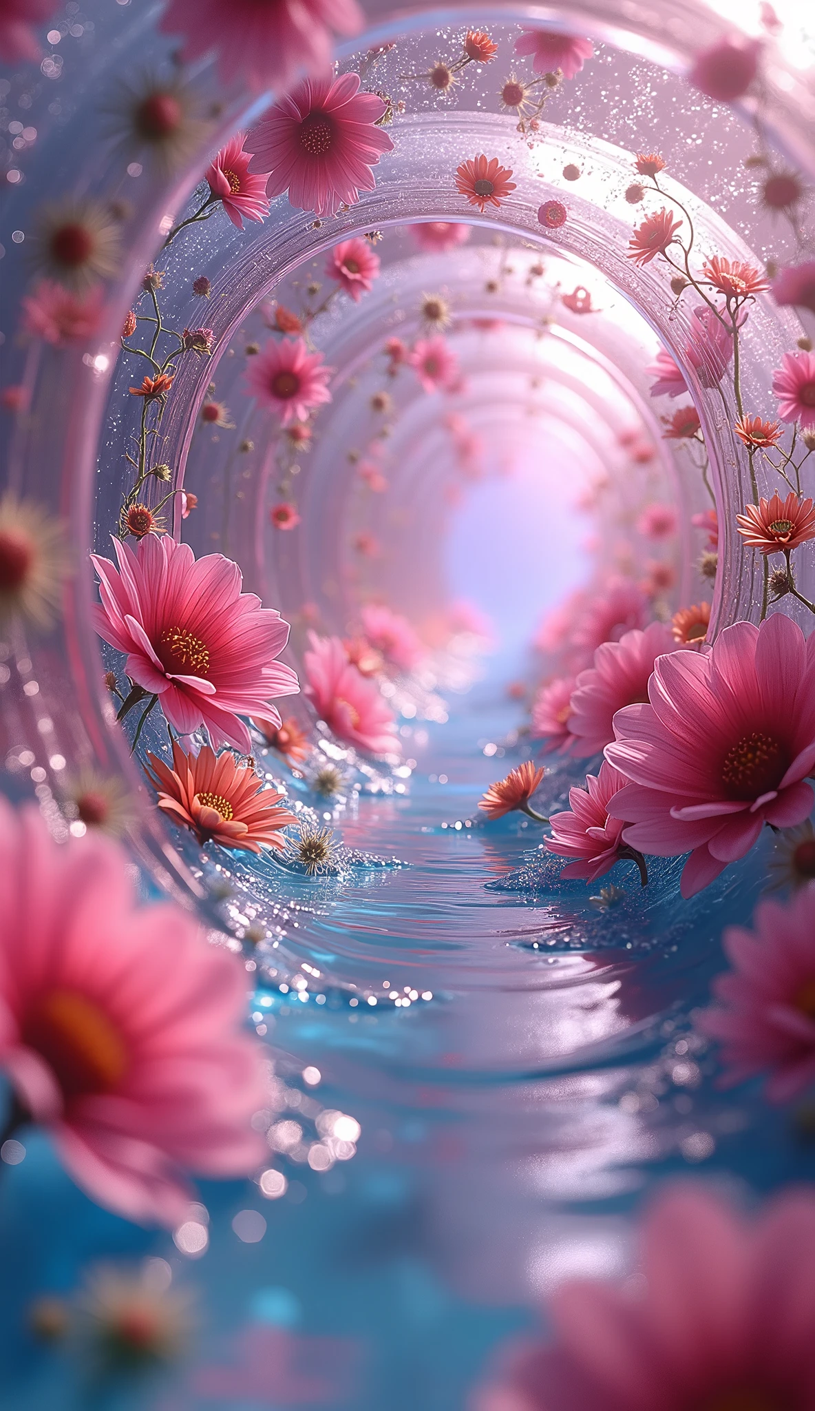 There is a picture of a pink flower tunnel with water - SeaArt AI
