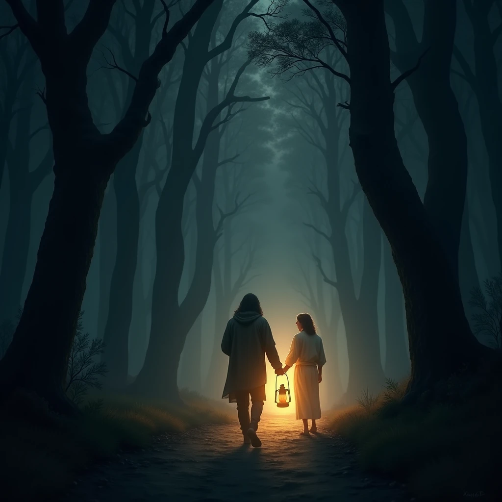 Illustrate a person walking through a dimly lit forest at night - SeaArt AI