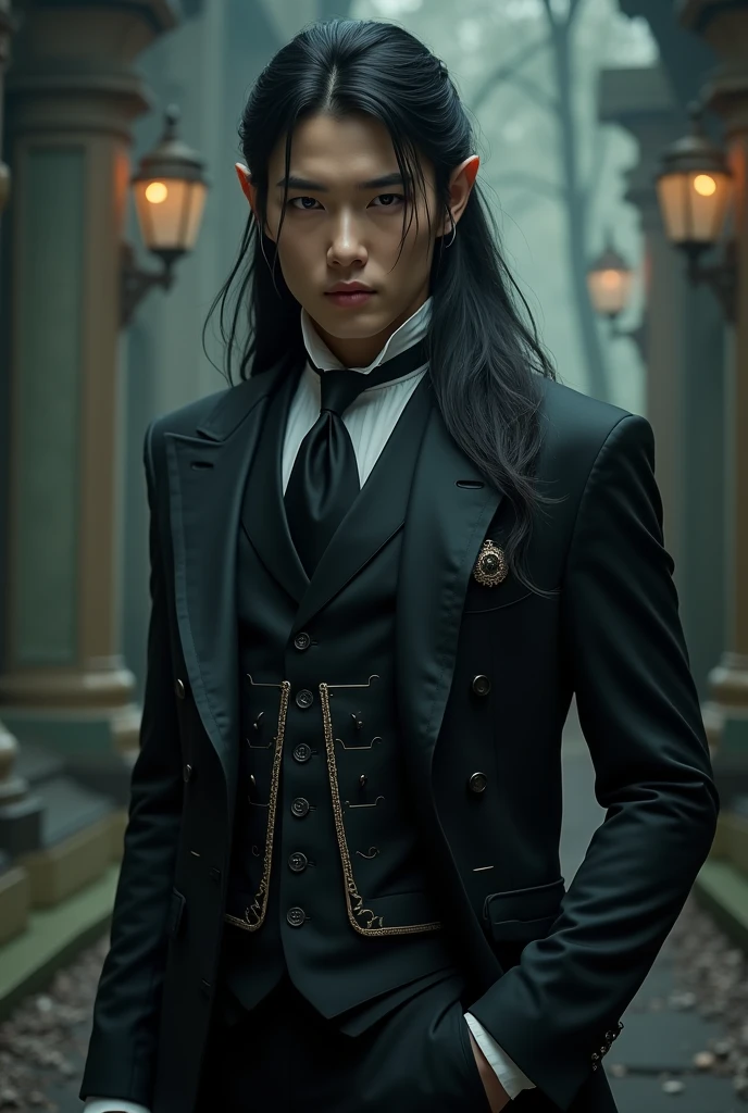 Handsome Asian elf man gothic suit - SeaArt AI
