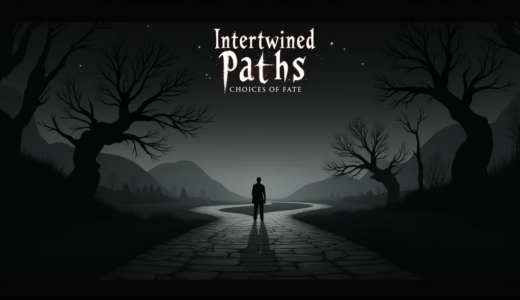 "A dark, monochromatic scene captures the essence of 'Intertwined Paths ...