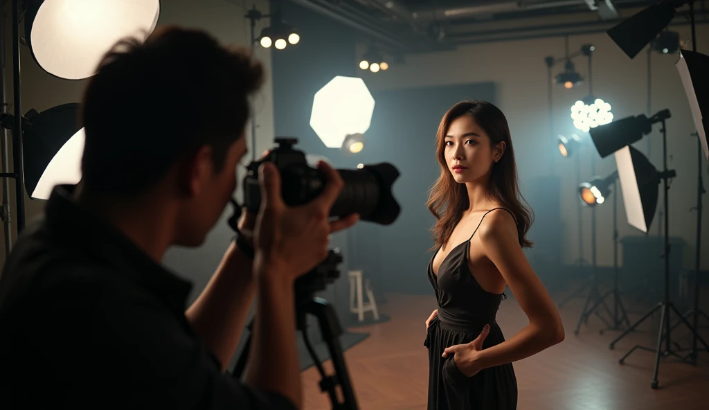 In a photography studio, amid lights, a photographer takes photos of a beautiful - SeaArt AI