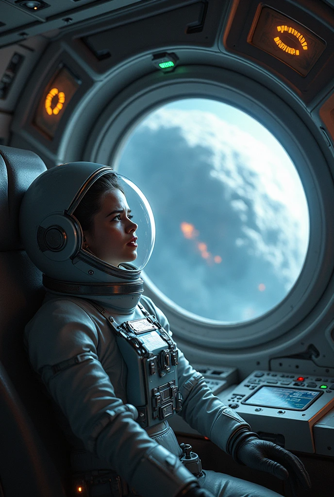 An astronaut inside the ship watching with a fearful expression a ...