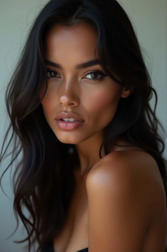 Brazilian model brunette sexy face full lips, long straight black hair - SeaArt AI