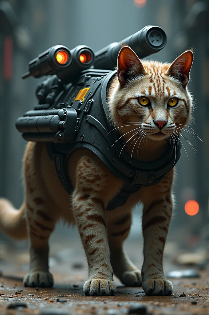 I want a cat with weapons on the back and this one is serious - SeaArt AI