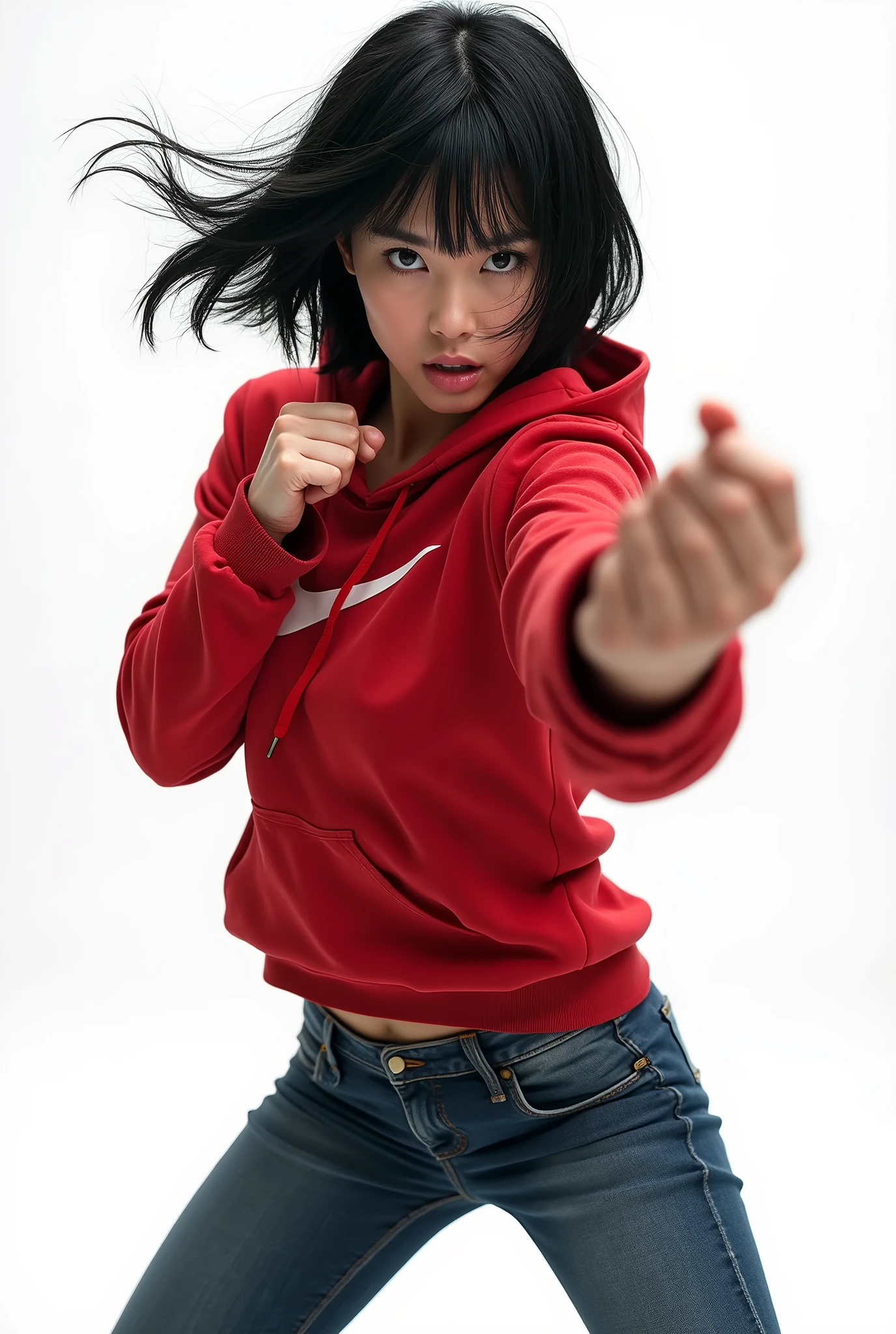 There is a woman in a red hoodie doing a karate pose - SeaArt AI