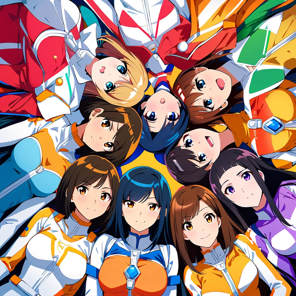 Super sentai series, hero suits, girls surrounding, multiple girls ...