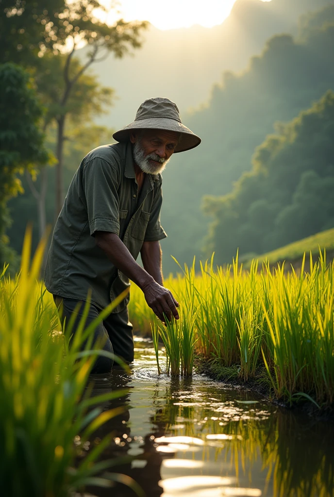 (wiru) man planting rice in the mountain forests of Indonesia - SeaArt AI