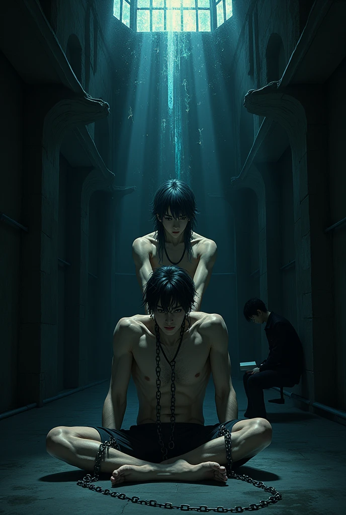 A anime dark atmosphere scene, ultra detail face, A 30 yo prisoner tied ...