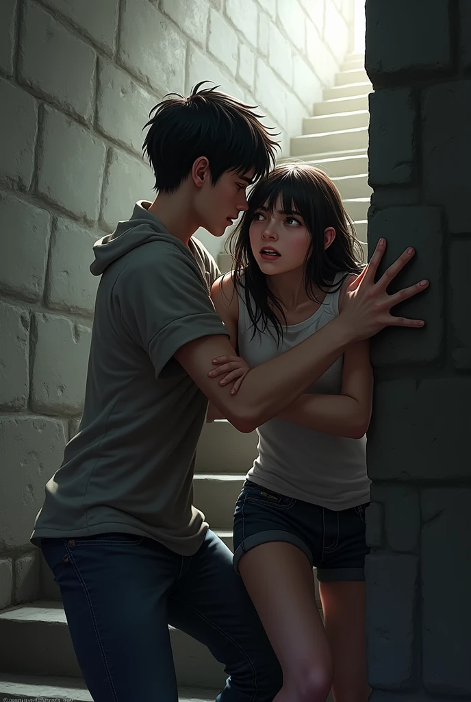 Draw a boy pushing a girl against a wall on some stairs - SeaArt AI