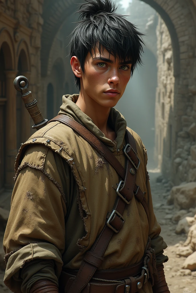 Young, man, hair tied in a bun, short hair, messy hair, vestida de man ...