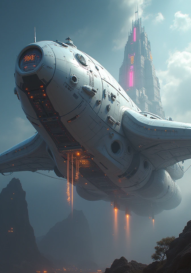 A massive enormous futuristic cosmic imperium warplane, white shinny ...