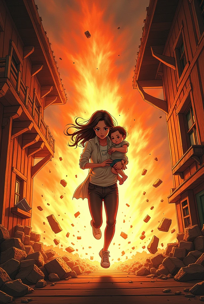 Woman with baby in her arms jumping through an explosion in a wooden ...