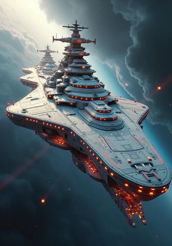 A massive enormous classic vintage cosmic imperium battleship flying ...