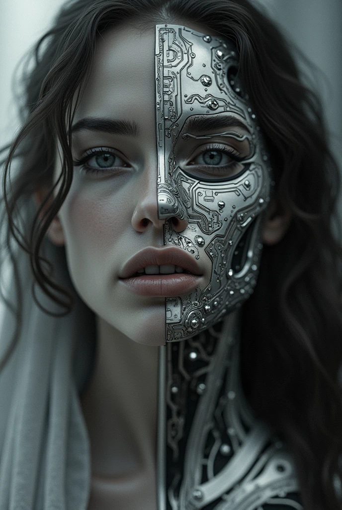 Very detailed medium shot of a woman's face in grayscale, where one ...