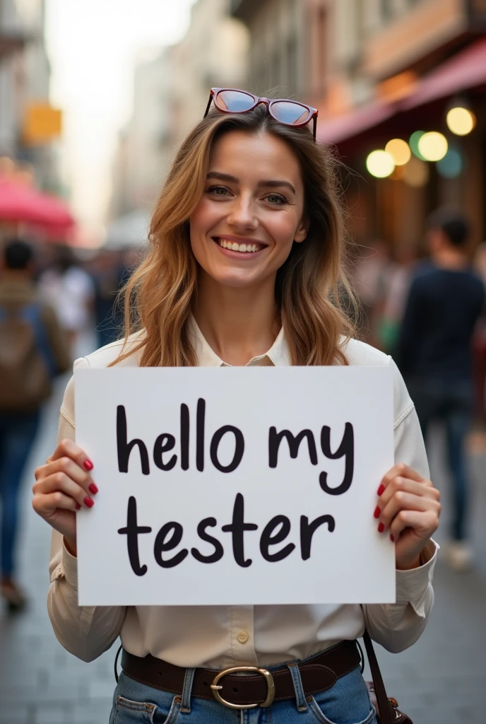 Woman with a sign that says hello my tester - SeaArt AI