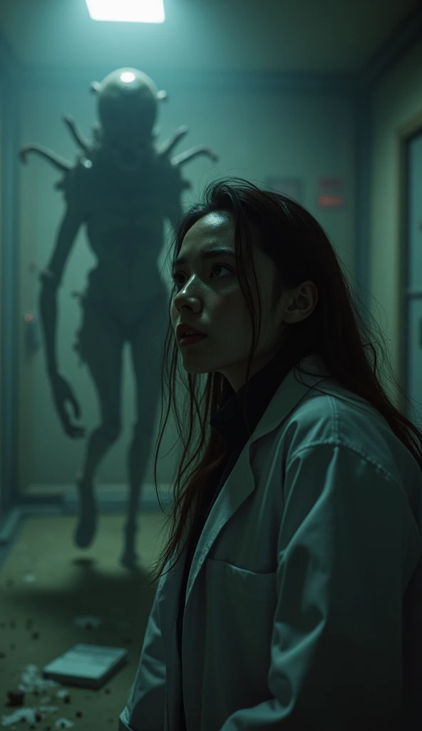 A scene where the researcher is terrified as a strange creature appears ...