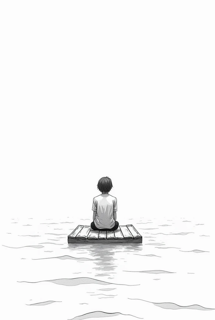 Line drawing of person seen from behind on a raft in the middle of the ...
