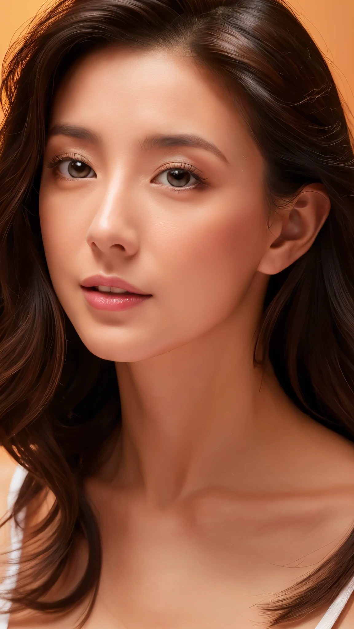 A close up of a woman with long hair and a white top - SeaArt AI