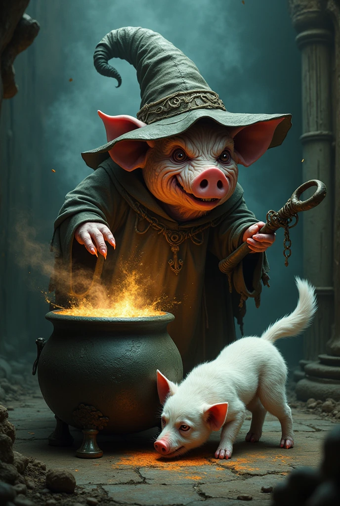 An ugly pig in a witch's outfit with a cauldron Fernando scaring the ...
