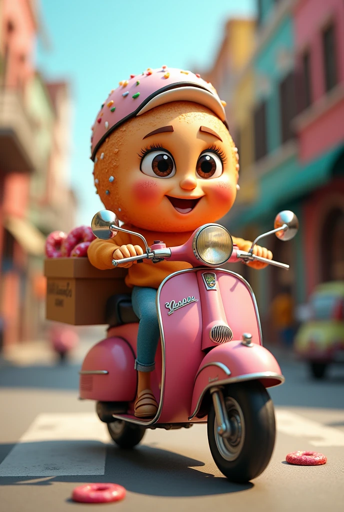 Animated edible donut carrying a box of donuts riding a vespa ...