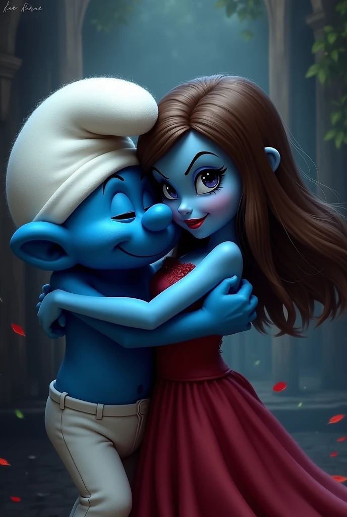 Smurf hugging a sensual vampire with straight brown hair - SeaArt AI