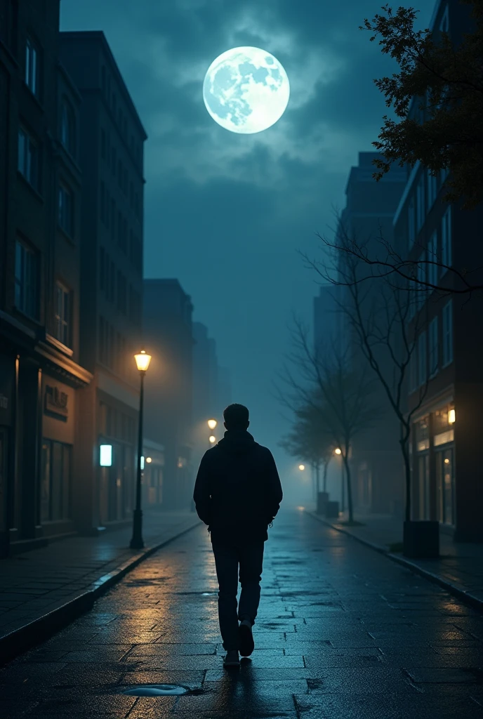 A men walking on moon night street - SeaArt AI