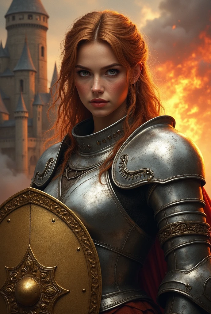 "Realistic portrait of a female warrior, with silver armor + golden ...