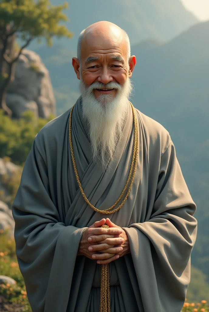 An old monk，Baldhead，No beard，Wearing grey robes，Holding a long golden ...