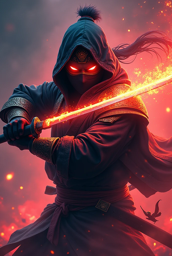 Creat a gaming logo with a god ninja with release eye fire holding a ...