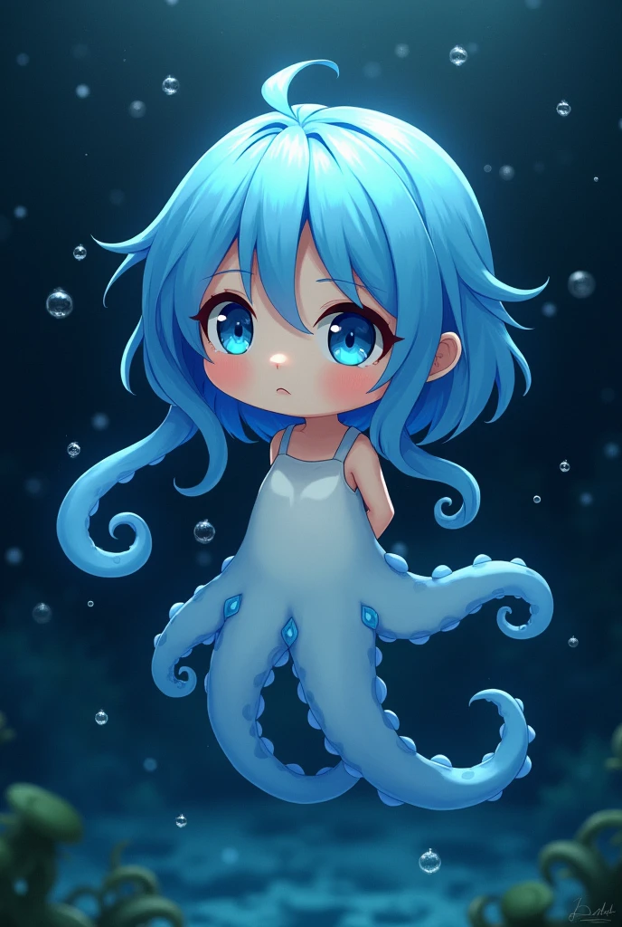 Chibi style, blue long hair, blue eyes, closed mouth, arms behind back ...