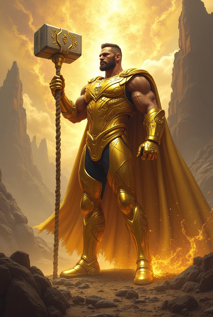 Generates superman with a gold suit along with the hammer of tor ...