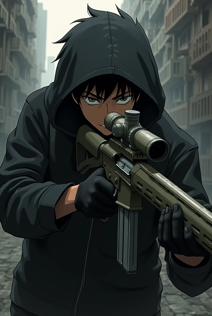 Crie uma imagem de takashi de high school of the dead com uma sniper na mão e us - SeaArt AI