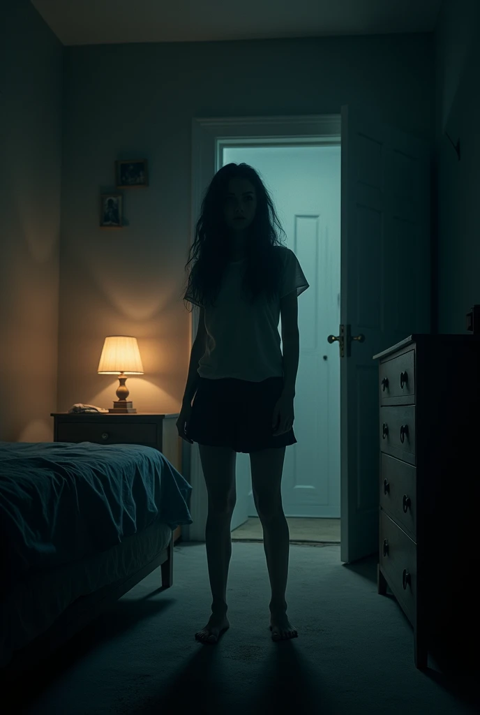 A dark and ominous bedroom scene at night, faintly illuminated by a dim ...
