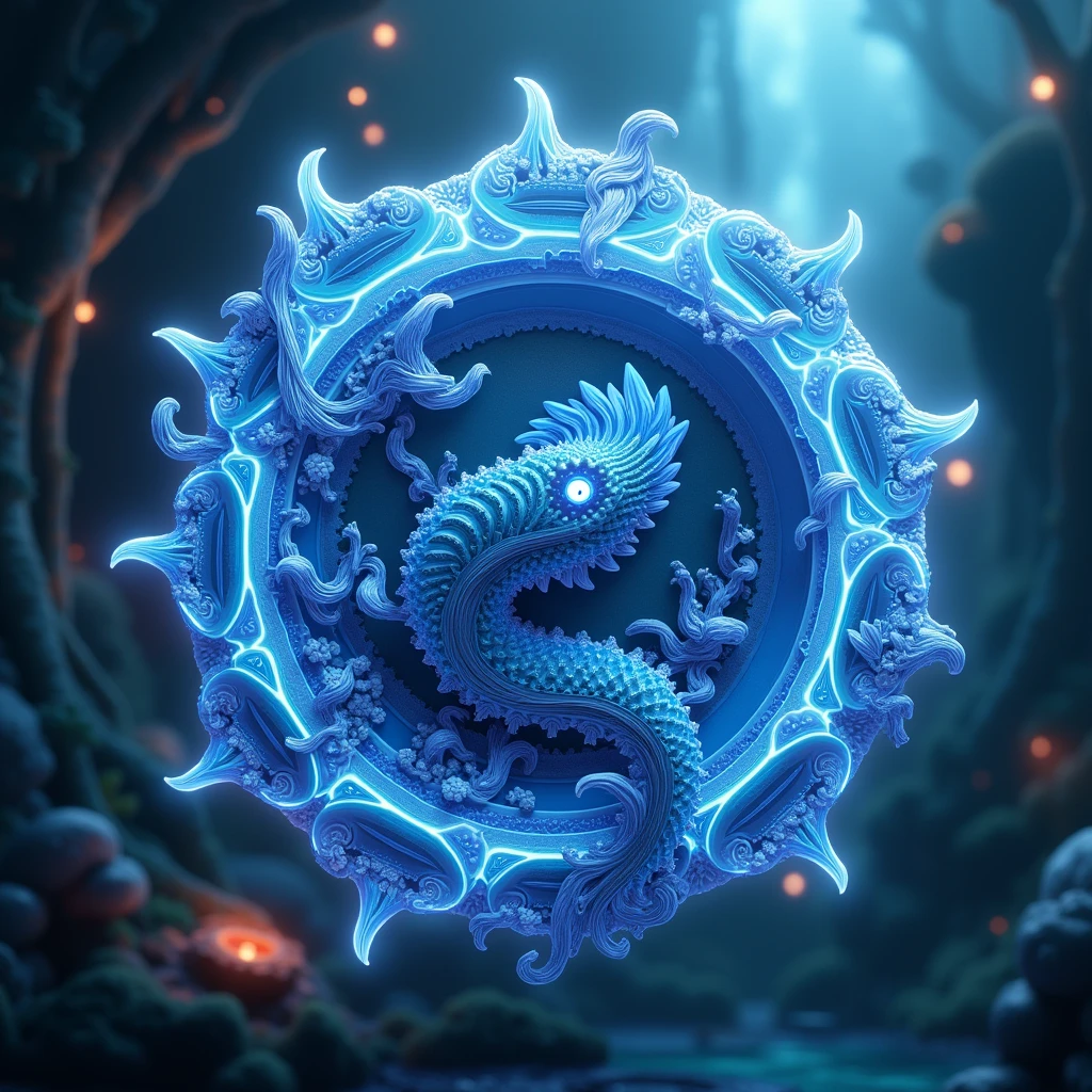 A futuristic Neptunus mascot badge, highly detailed, intricate organic ...