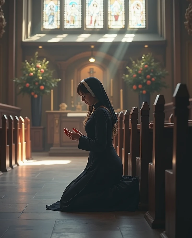 Arafed woman sitting on a bench in a church praying, kneeling in prayer ...