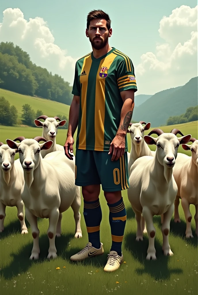 Messi standing with some goats - SeaArt AI
